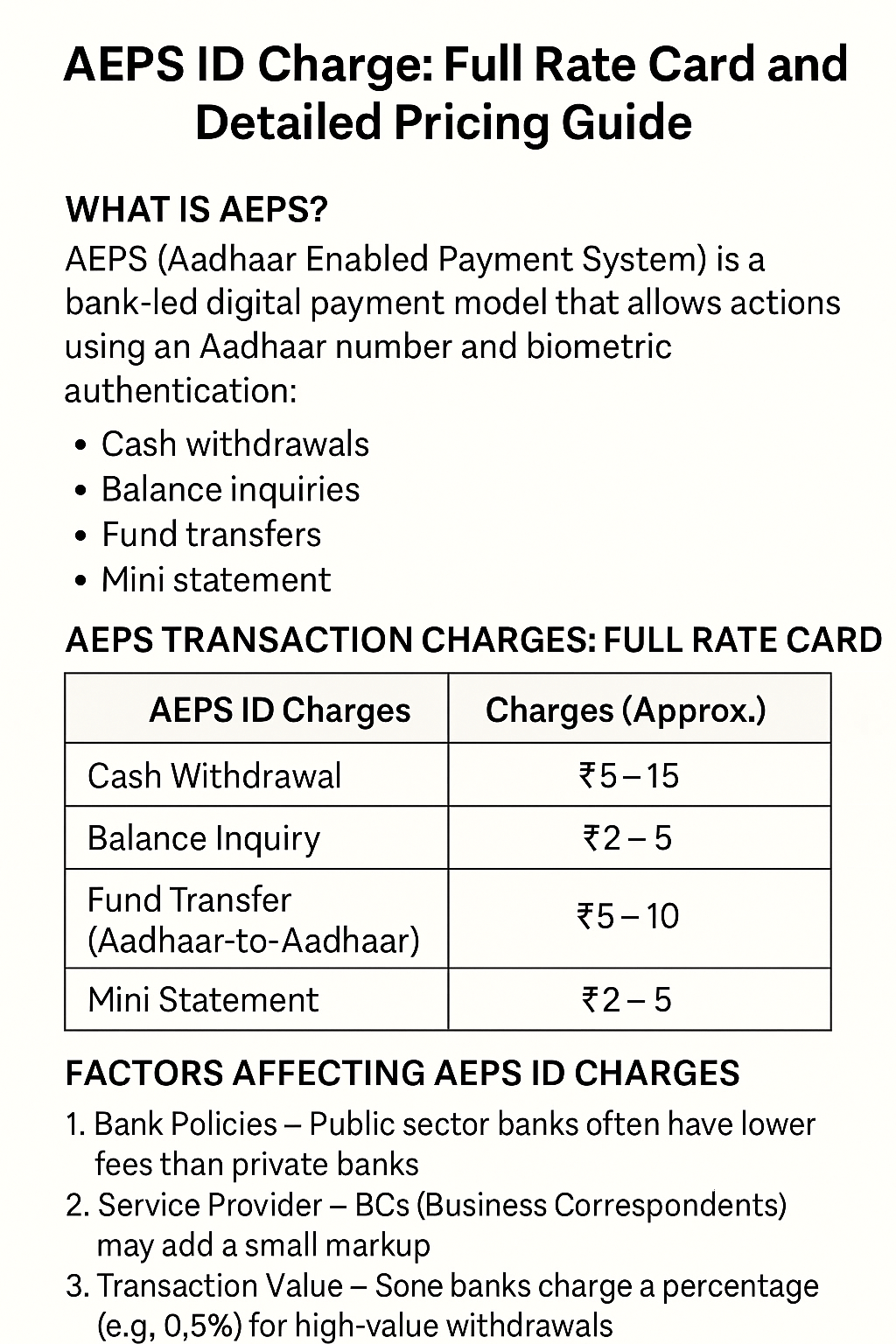 AEPS ID Charge: Full Rate Card and Detailed Pricing Guide - Aeps Seva Blog